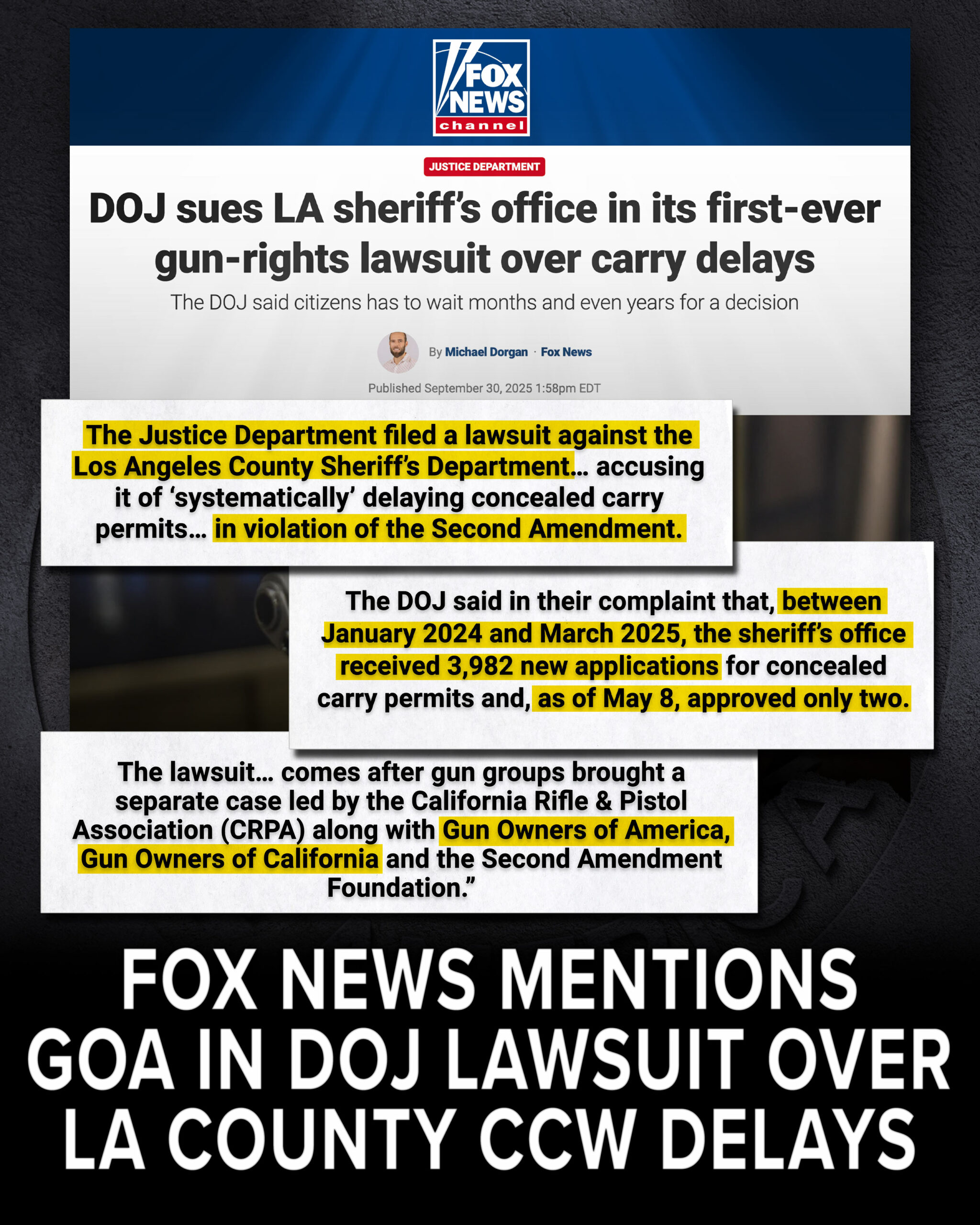 Fox News mentions GOA in DOJ lawsuit over LA county CCW delays | GOA